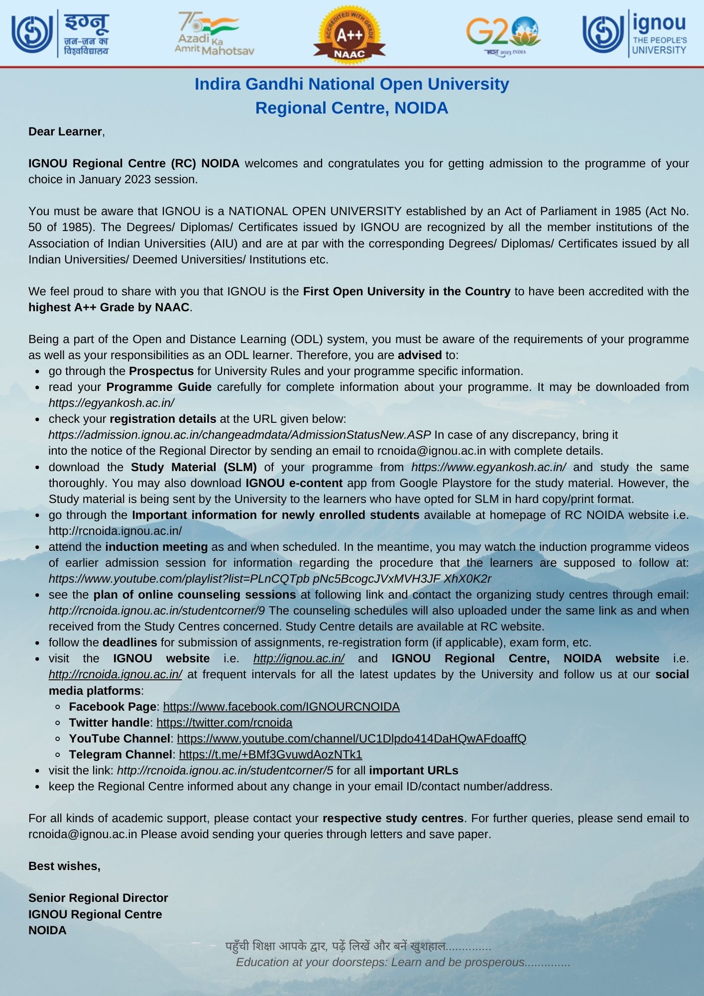 IGNOU-RC-Noida - Student Corner - WELCOME LETTER